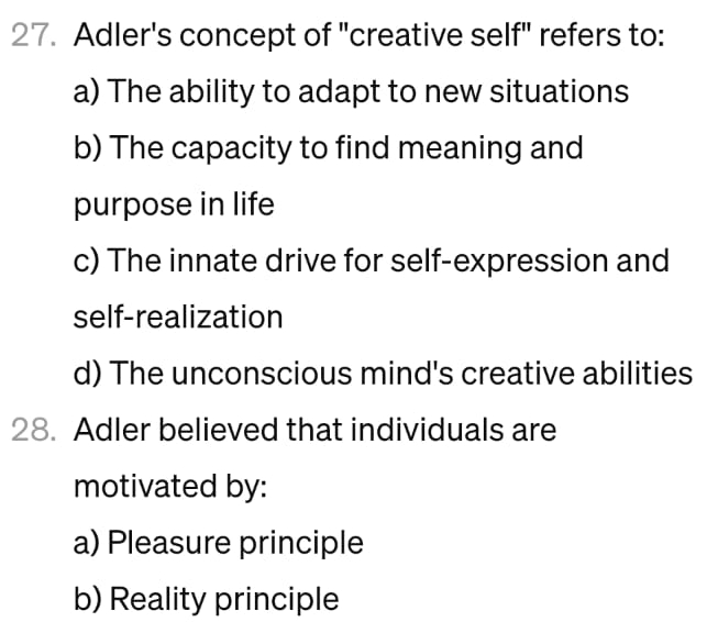 Solved Adler's concept of "creative self" refers to:a) ﻿The | Chegg.com
