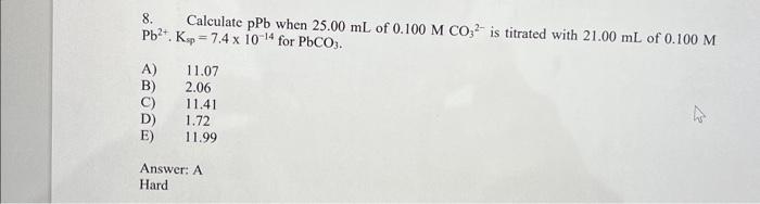 8. Calculate \\( \\mathrm{pPb} \\) when \\( 25.00 | Chegg.com