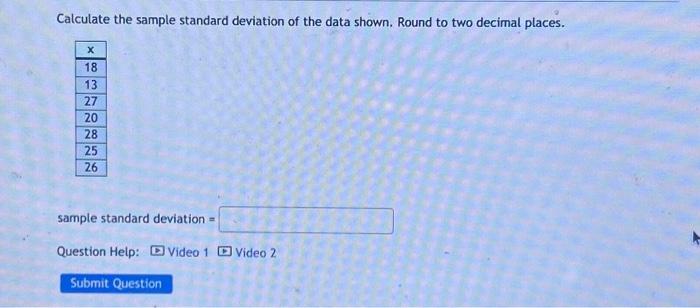 Solved Calculate the sample standard deviation of the data | Chegg.com
