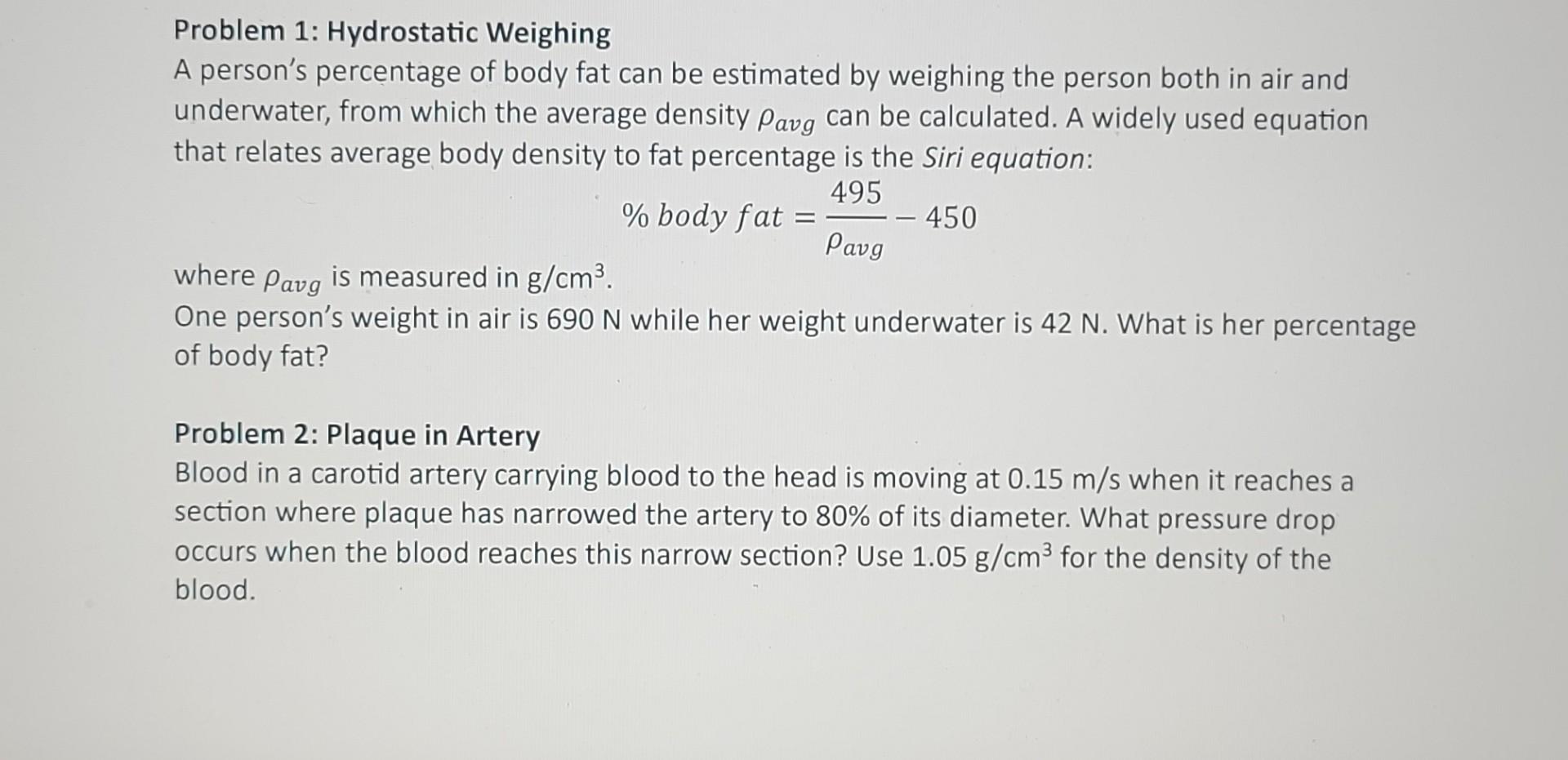 Solved Problem 1: Hydrostatic Weighing A person's percentage | Chegg.com