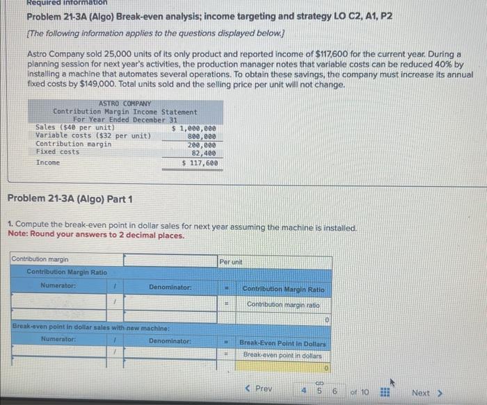 Solved Problem 21-3A (Algo) Break-even analysis; income | Chegg.com