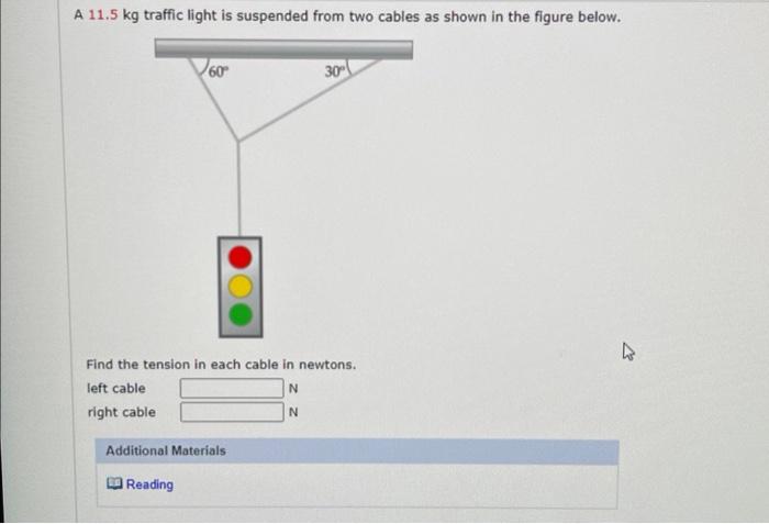 [Solved]: Find the tension in each cable in newtons. left c