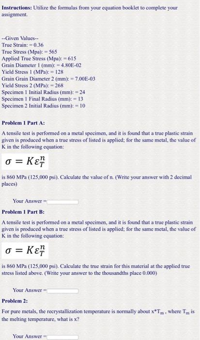 Solved Instructions: Utilize the formulas from your equation | Chegg.com