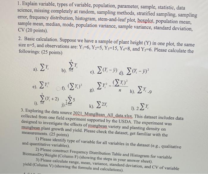 Solved 1. Explain variable, types of variable, population, | Chegg.com
