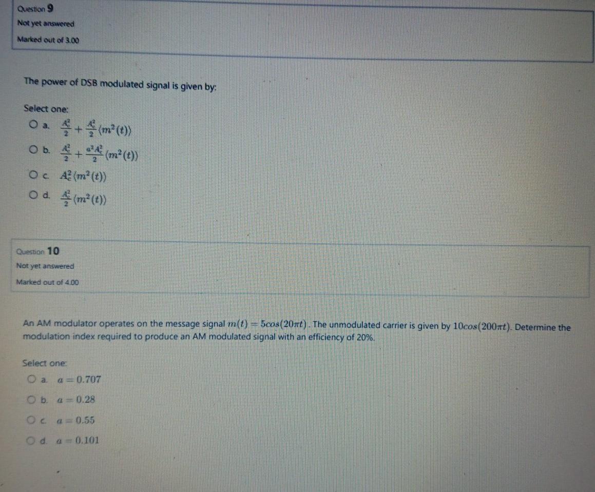 Solved The power of DSB modulated signal is given by: Select | Chegg.com