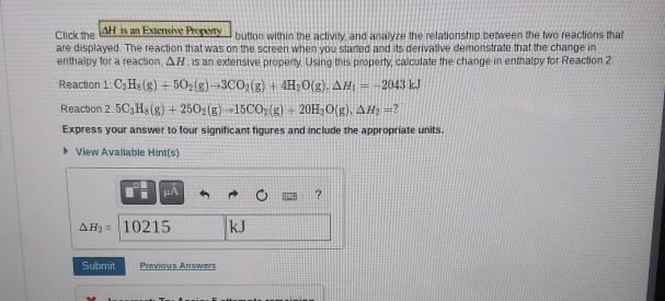 Click the DeltaH is an Extensive Property button | Chegg.com