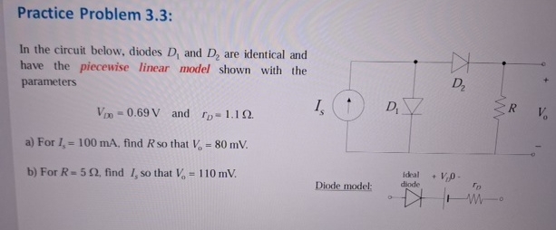 Solved Practice Problem 3.3:In the circuit below, diodes D1 | Chegg.com