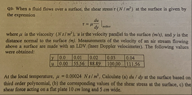 Solved Q3- ﻿When a fluid flows over a surface, the shear | Chegg.com