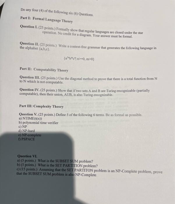 Solved Do any four (4) of the following six (6) Questions. | Chegg.com