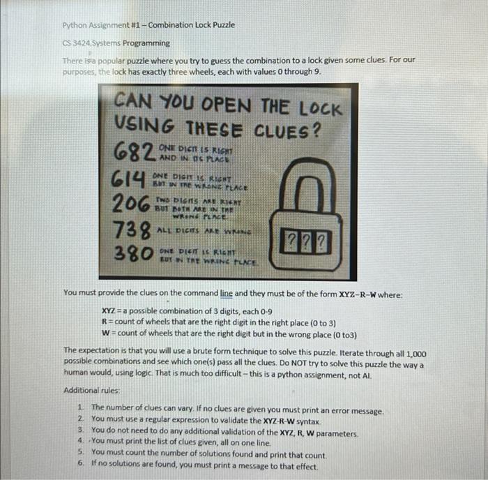 Solved Python Assignment #1 - Combination Lock Puzzle CS | Chegg.com