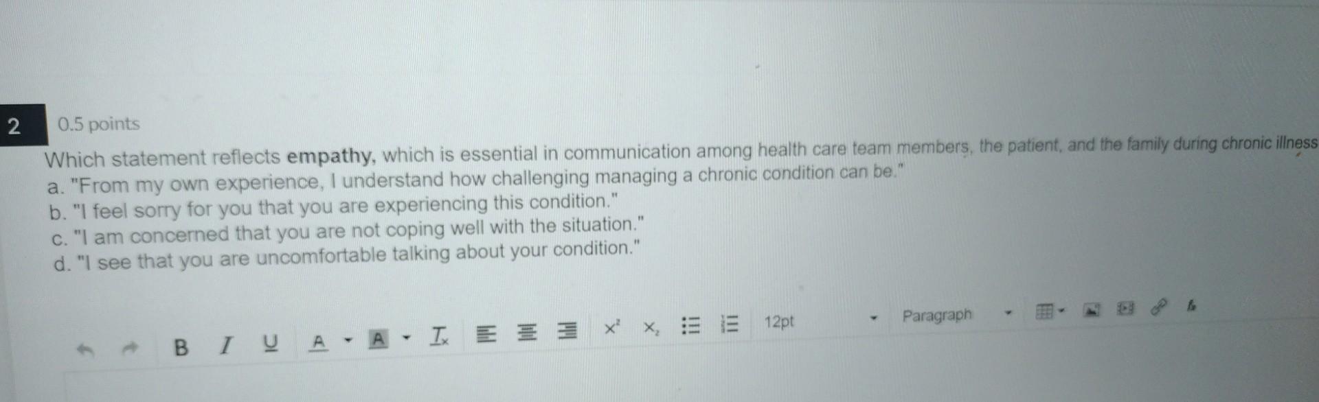 Solved Which statement reflects empathy, which is essential | Chegg.com