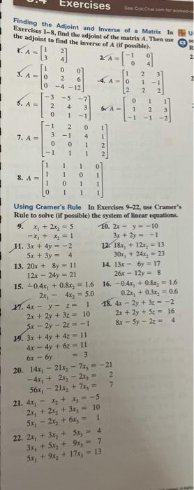 Solved Exercises Finding the Adjoint and Inverse of a Matrix | Chegg.com