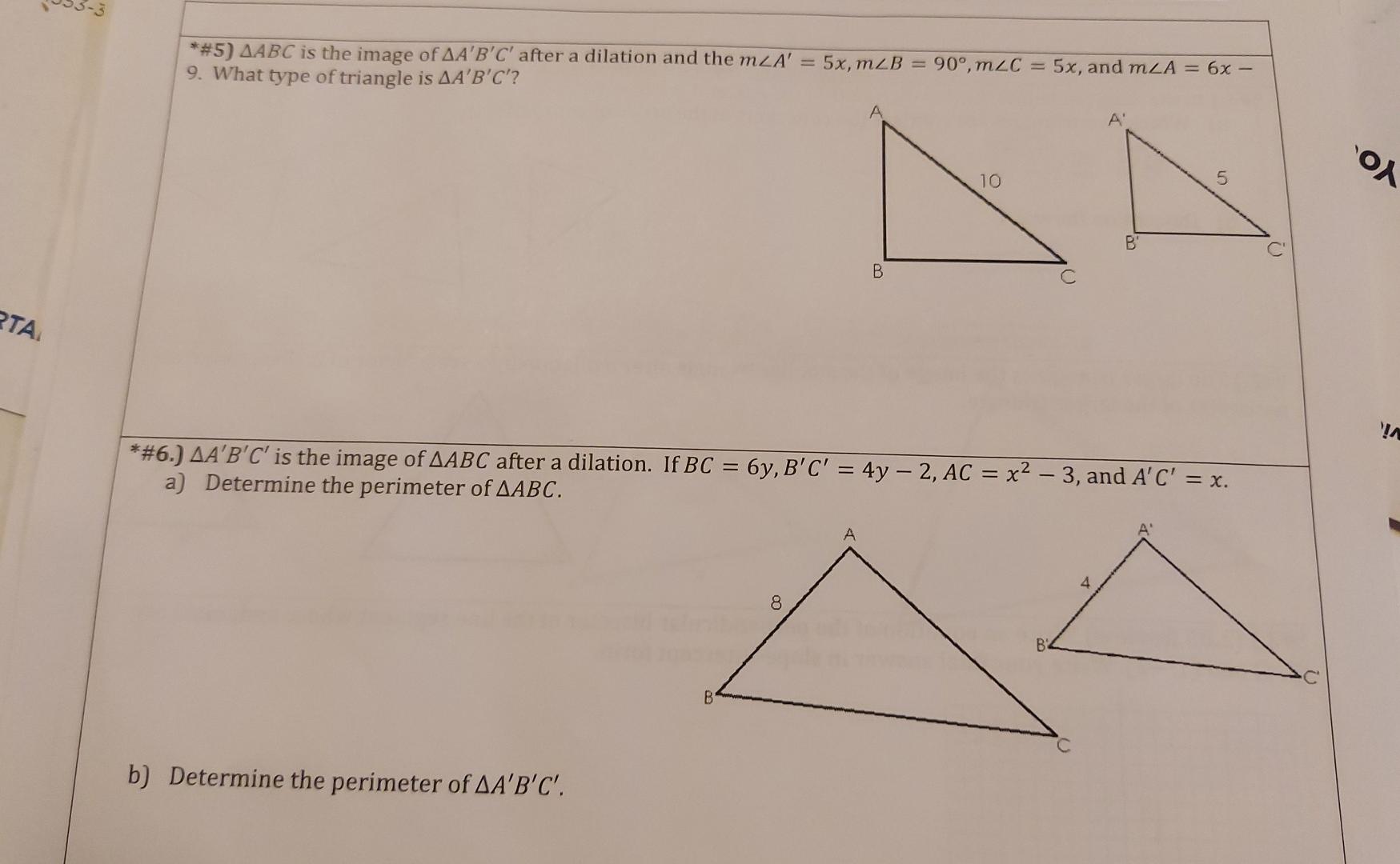 Solved *\#5) ABC is the image of A′B′C′ after a dilation | Chegg.com