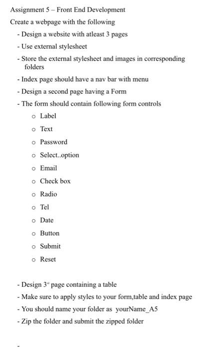 Solved Assignment 5 - Front End Development Create a webpage | Chegg.com
