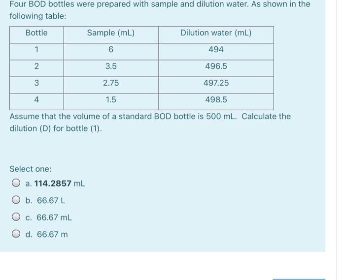 Solved Four BOD bottles were prepared with sample and | Chegg.com