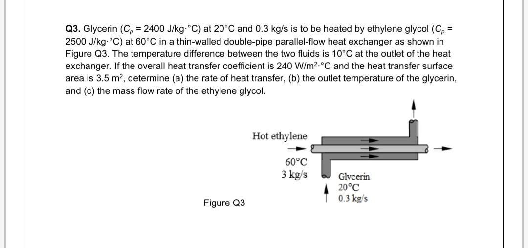 Solved Q3. Glycerin (Cp = 2400 J/kg-°C) at 20°C and 0.3 kg/s | Chegg.com