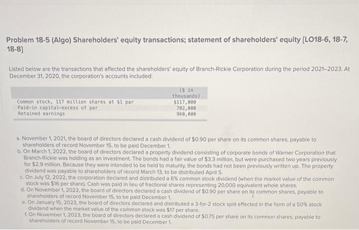 Solved Problem 18-5 (Algo) Shareholders' equity | Chegg.com
