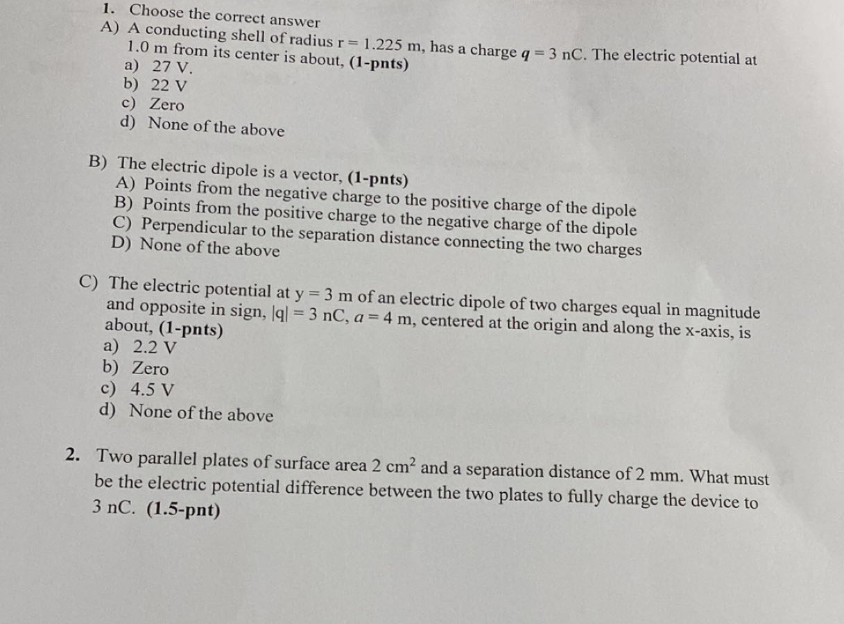 Solved Choose the correct answerA) ﻿A conducting shell of | Chegg.com