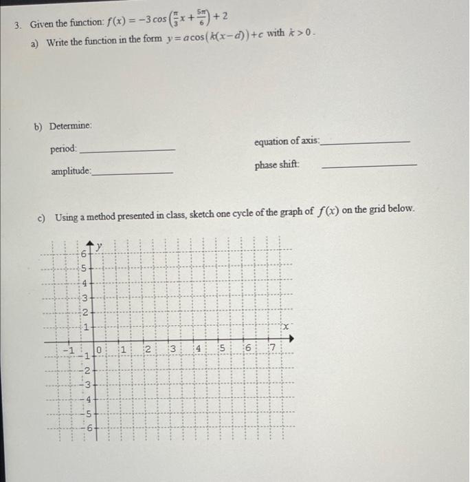 Solved the function: f(x)=−3cos(3πx+65π)+2 Write the | Chegg.com