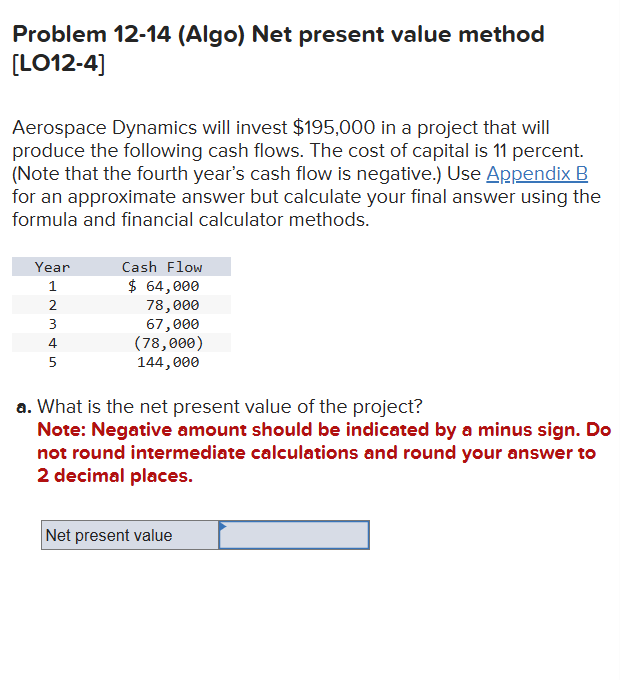 Solved Problem 12-14 (Algo) ﻿Net present value | Chegg.com