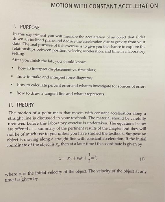 MOTION WITH CONSTANT ACCELERATION I. PURPOSE In this | Chegg.com
