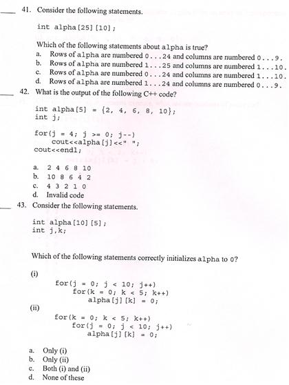 Solved Consider the following statements. int alpha[25] | Chegg.com