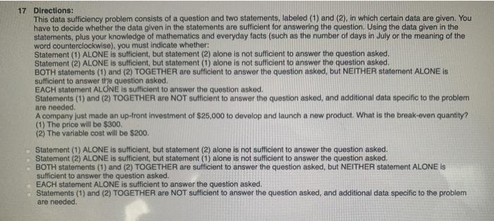 Solved 17 Directions: This data sufficiency problem consists | Chegg.com