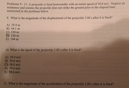 Solved Problems 9 - 11: A projectile is fired horizontally | Chegg.com