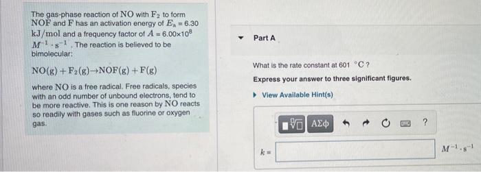 Solved Part A The gas-phase reaction of NO with F2 to form | Chegg.com