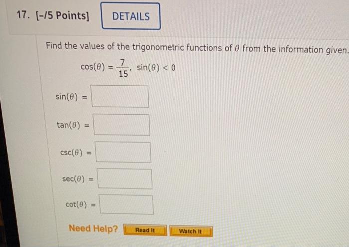 Solved Find the values of the trigonometric functions of θ | Chegg.com