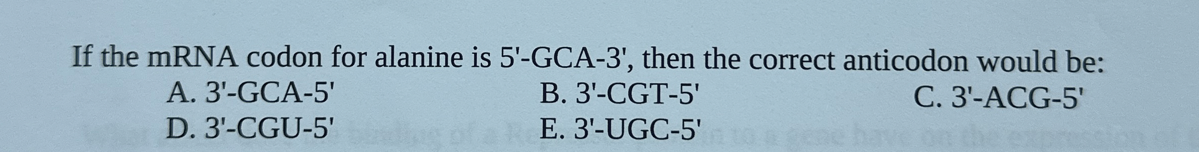 Solved If the mRNA codon for alanine is 5'-GCA-3', ﻿then the | Chegg.com