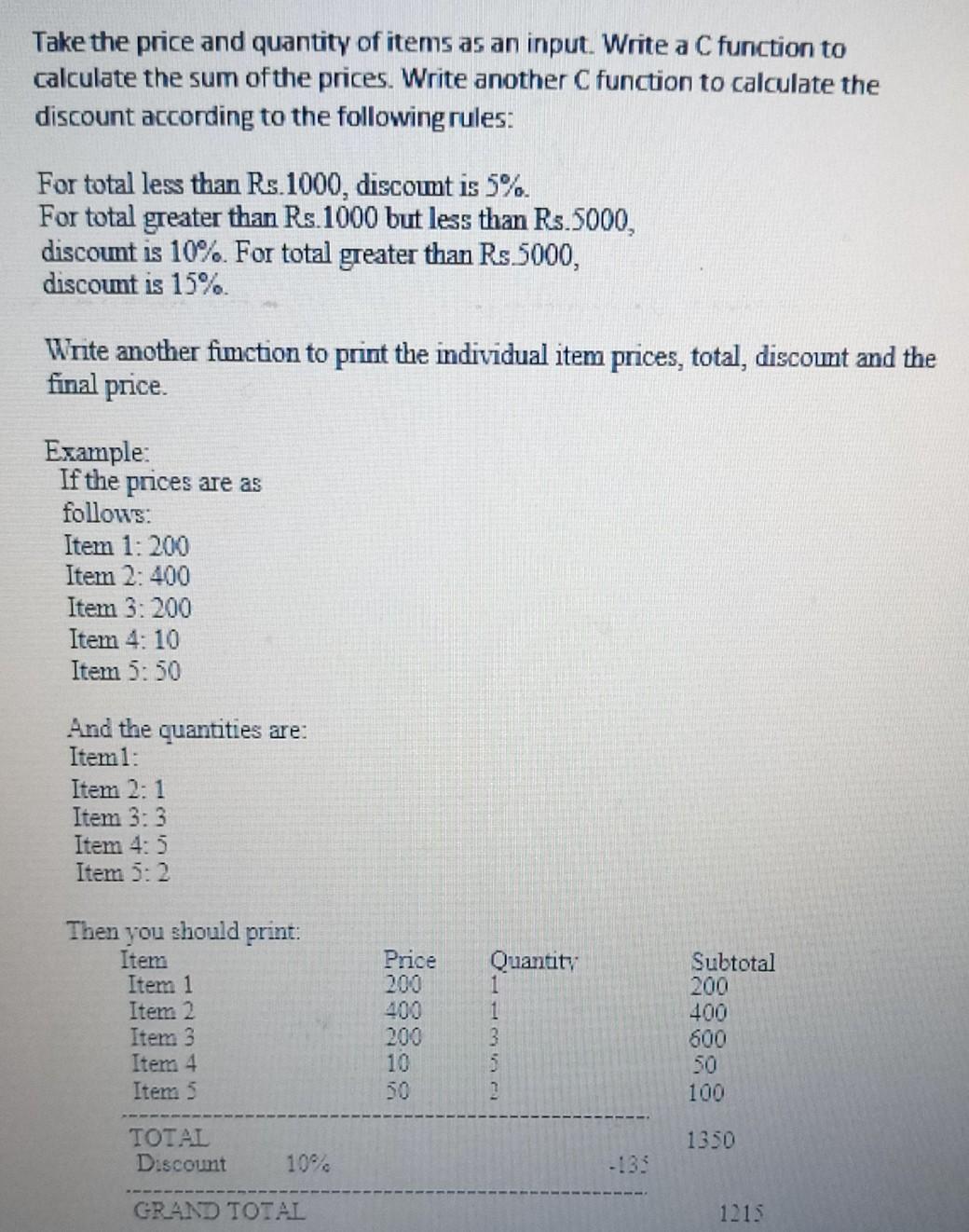 Solved Take the price and quantity of items as an input. | Chegg.com