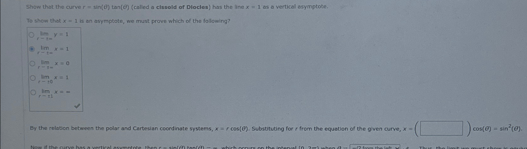 Solved Show that the curve r=sin(θ)tan(θ) (called a cissold | Chegg.com
