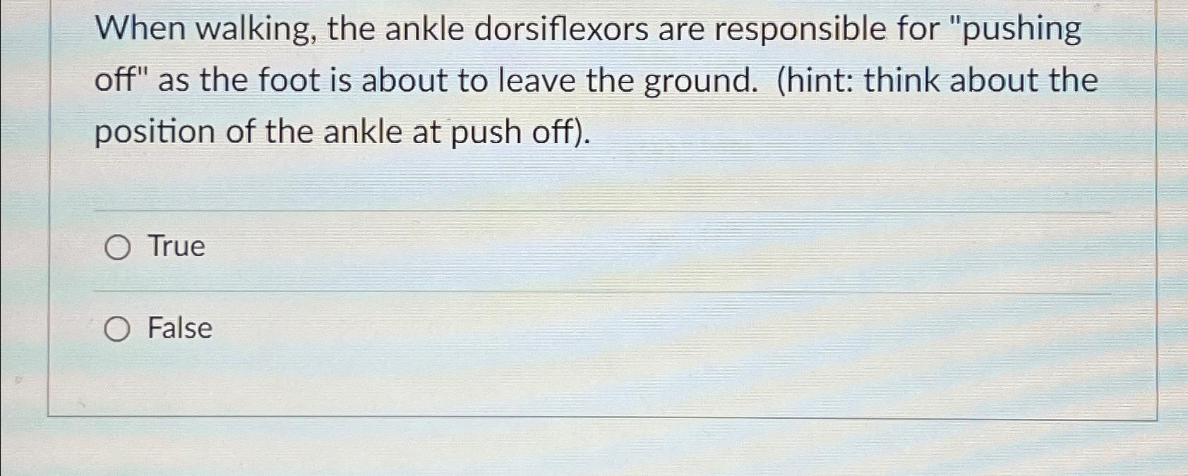 Solved When walking, the ankle dorsiflexors are responsible | Chegg.com