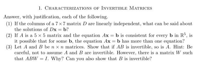 Solved 1. CHARACTERIZATIONS OF INVERTIBLE MATRICES Answer, | Chegg.com