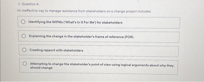 Question 4: An ineffective way to manage resistance | Chegg.com