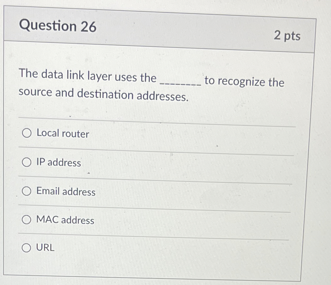 Solved Question 262 ptsThe data link layer uses the to | Chegg.com Solved Question 262 ptsThe data link layer uses the to | Chegg.com