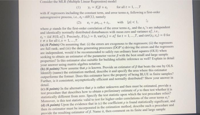 Consider the MLR (Multiple Linear Regression model | Chegg.com