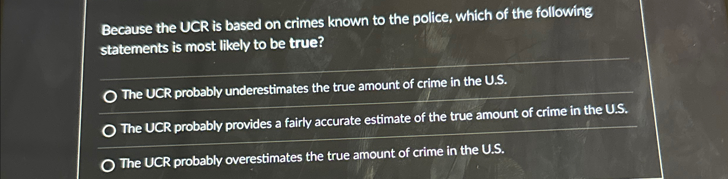 Solved Because the UCR is based on crimes known to the | Chegg.com Solved Because the UCR is based on crimes known to the | Chegg.com