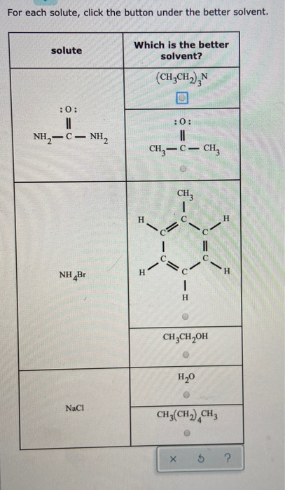 Solved For each solute, click the button under the better | Chegg.com