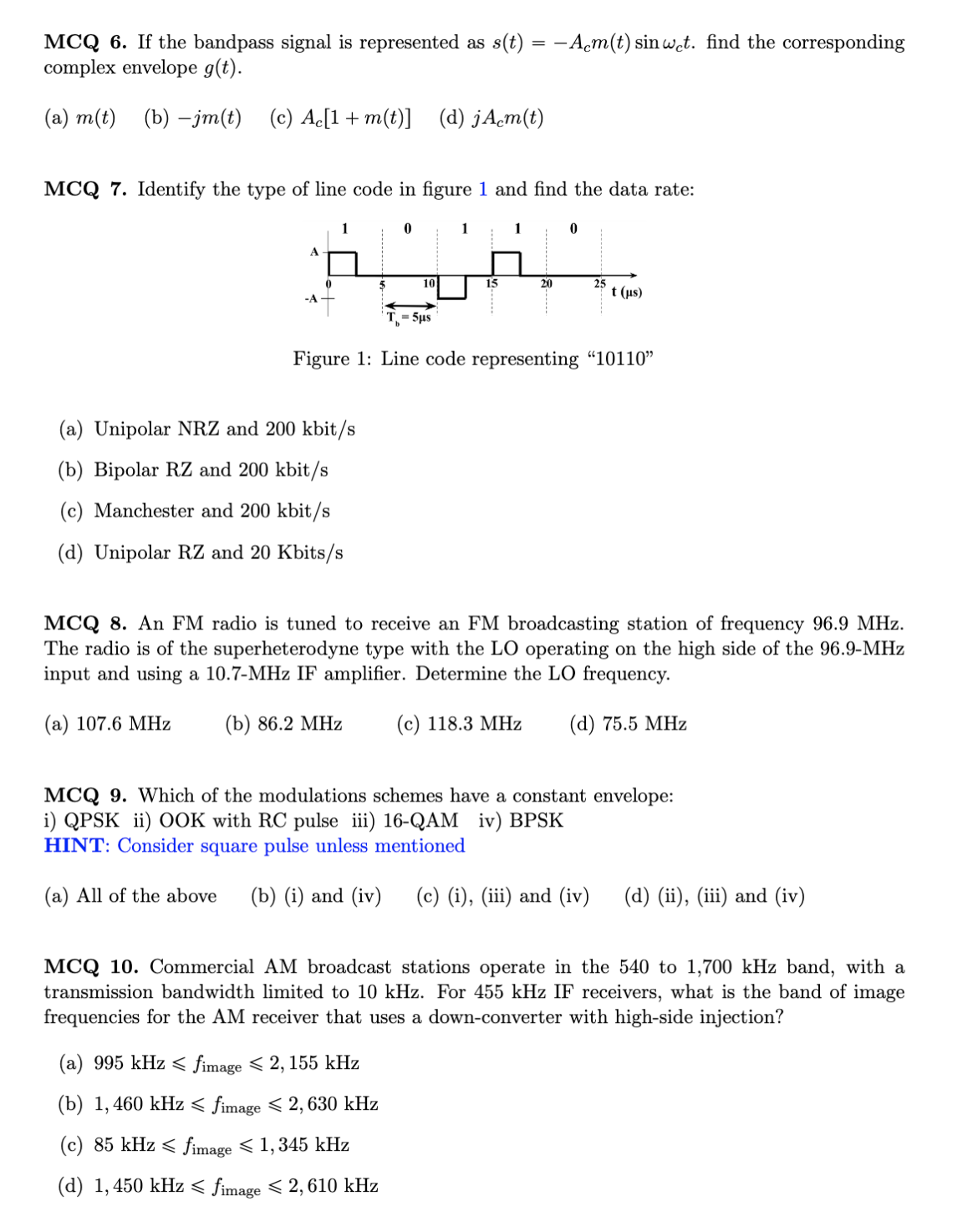 Solved MCQ 6. ﻿If the bandpass signal is represented as | Chegg.com
