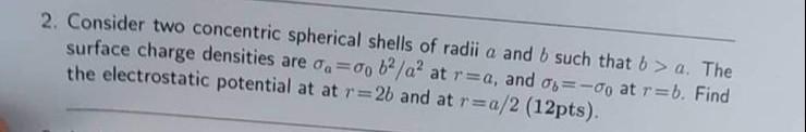 Solved 2. Consider two concentric spherical shells of radii | Chegg.com