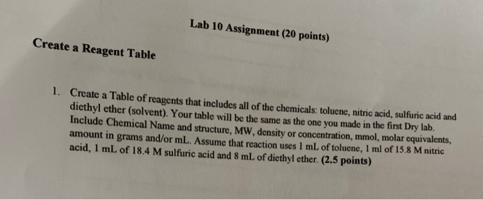 Solved Lab 10 Assignment (20 points) Create a Reagent Table | Chegg.com