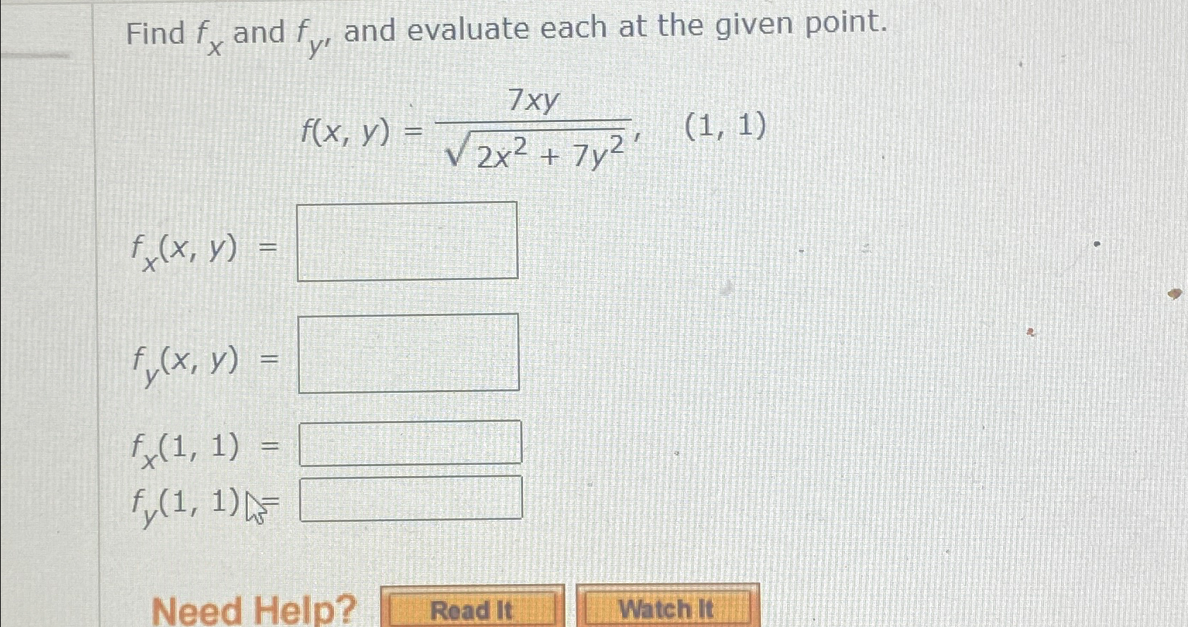 Find fx ﻿and fy' ﻿and evaluate each at the given | Chegg.com