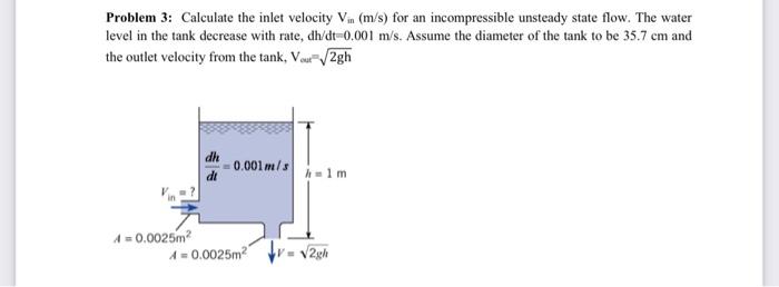 Solved Problem 3: Calculate the inlet velocity Vin (m/s) for | Chegg.com