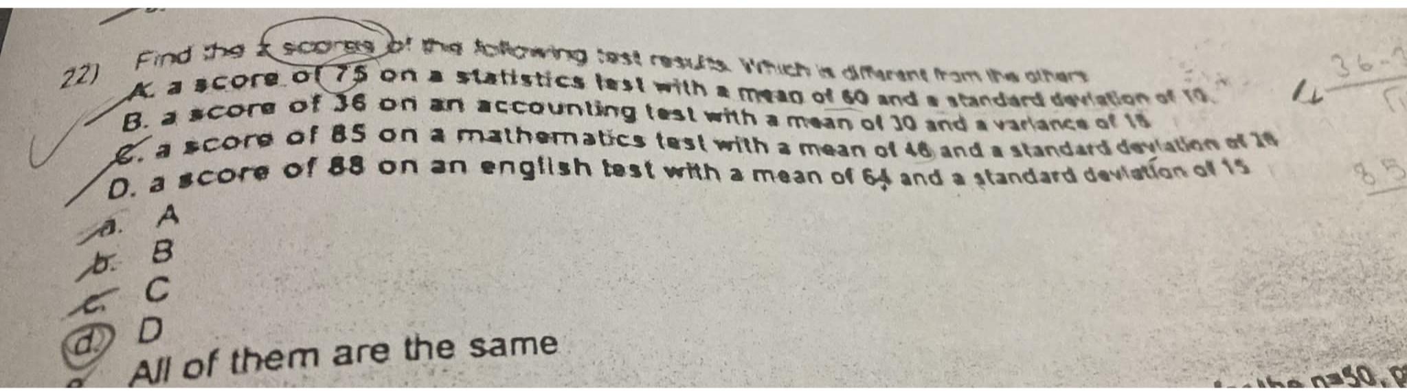 Solved A. ﻿a core of 75 ﻿on a statistics best with a mean of | Chegg.com