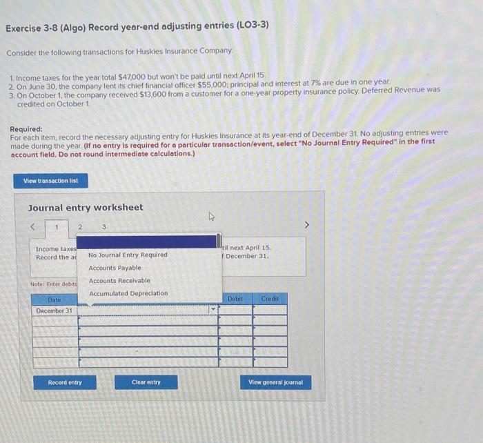 Solved Exercise 3.8 (Algo) Record year-end adjusting entries | Chegg.com