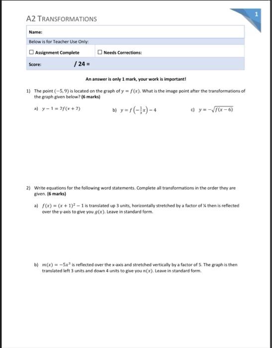 [solved] A2 Transformations Name Below Is For Teacher Use