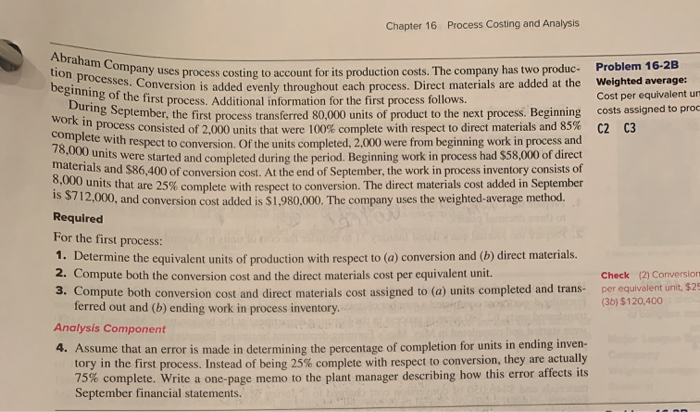 Solved Chapter 16 Process Costing and Analysis Abraham | Chegg.com