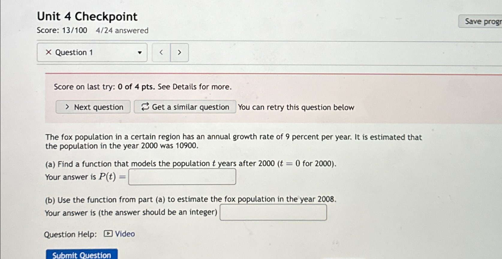 Solved Unit 4 ﻿CheckpointScore: 131004/24 ﻿answeredScore on | Chegg.com